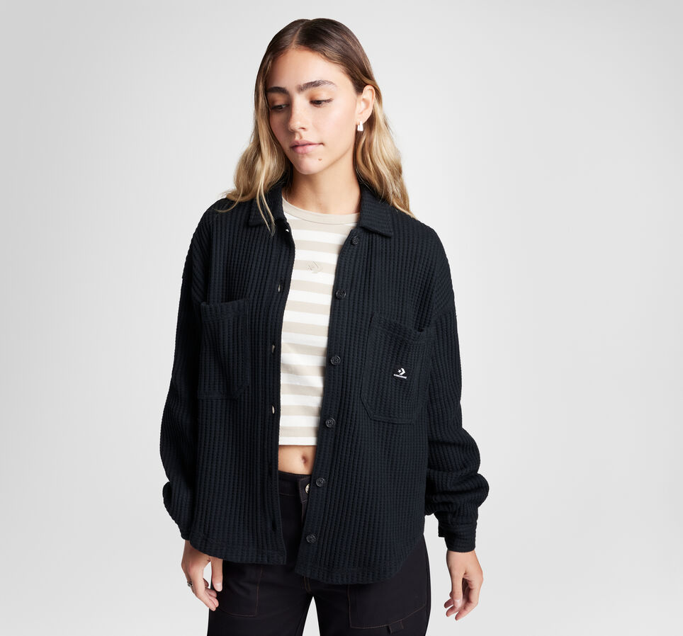 Waffle Knit Button-Down Oversized Shirt Women's Long Sleeve T-Shirt ...